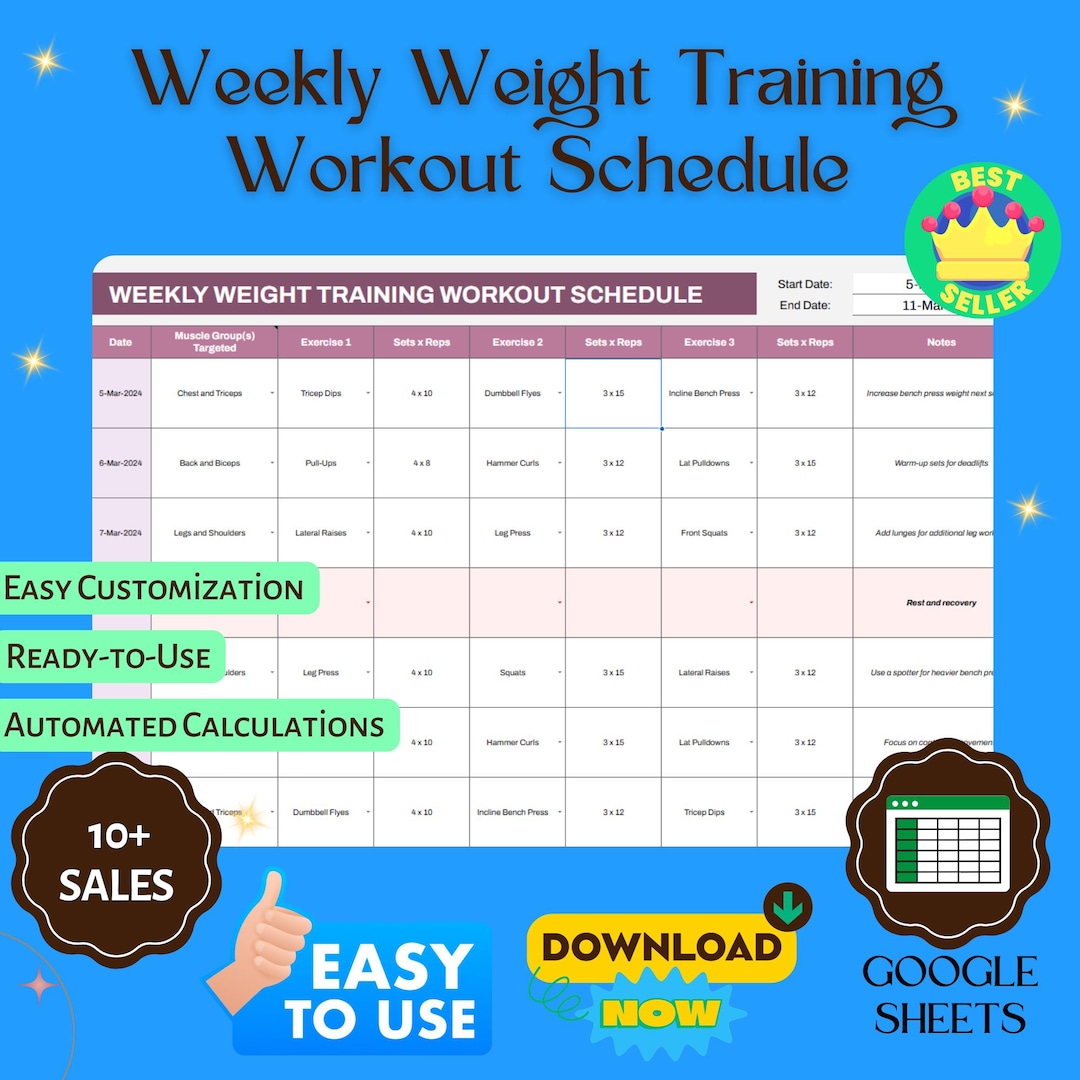 Weekly Weight Training Workout Schedule Template, Editable Google ...