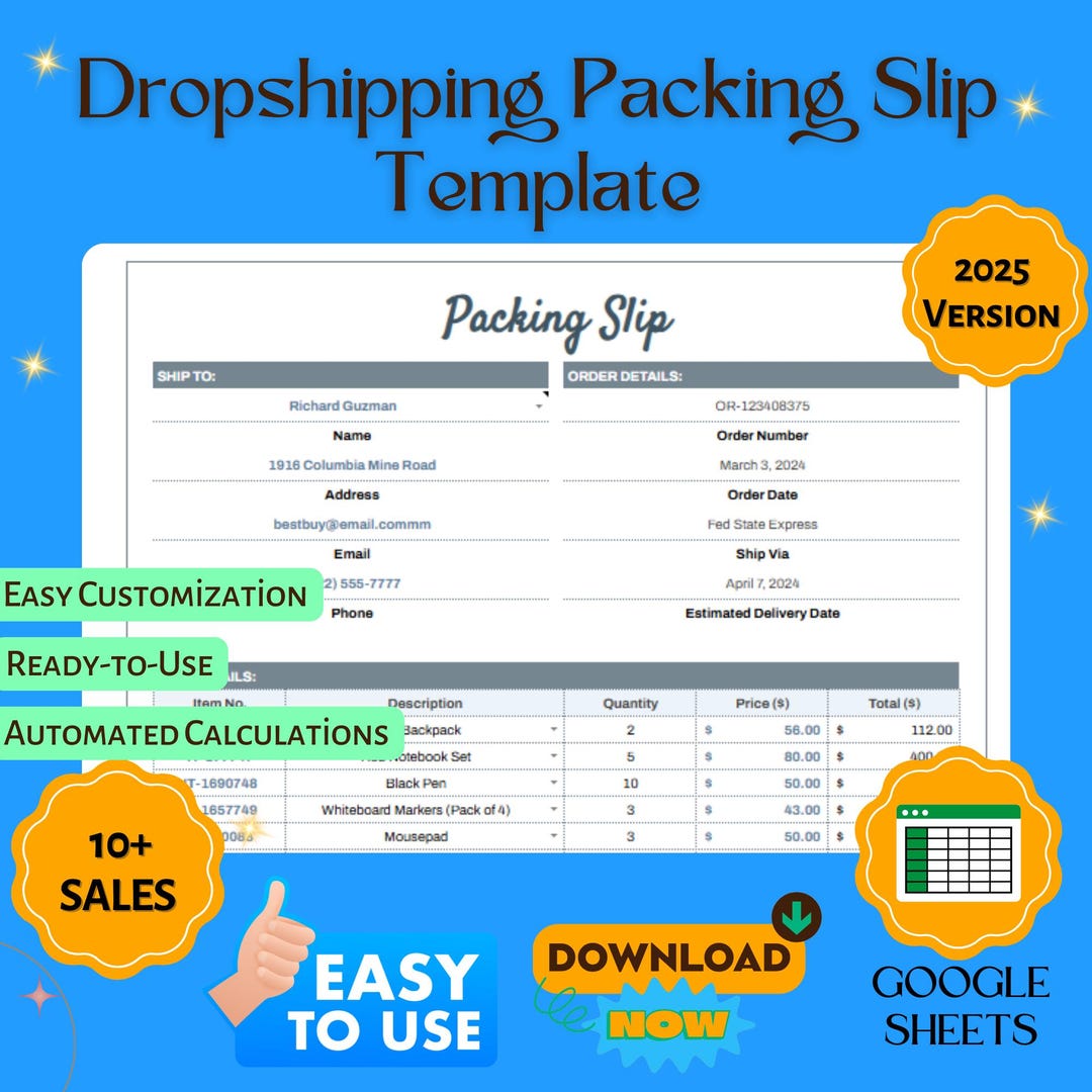Dropshipping Packing Slip Template, Printable Shipping Invoice, Order Packing List, Google ...