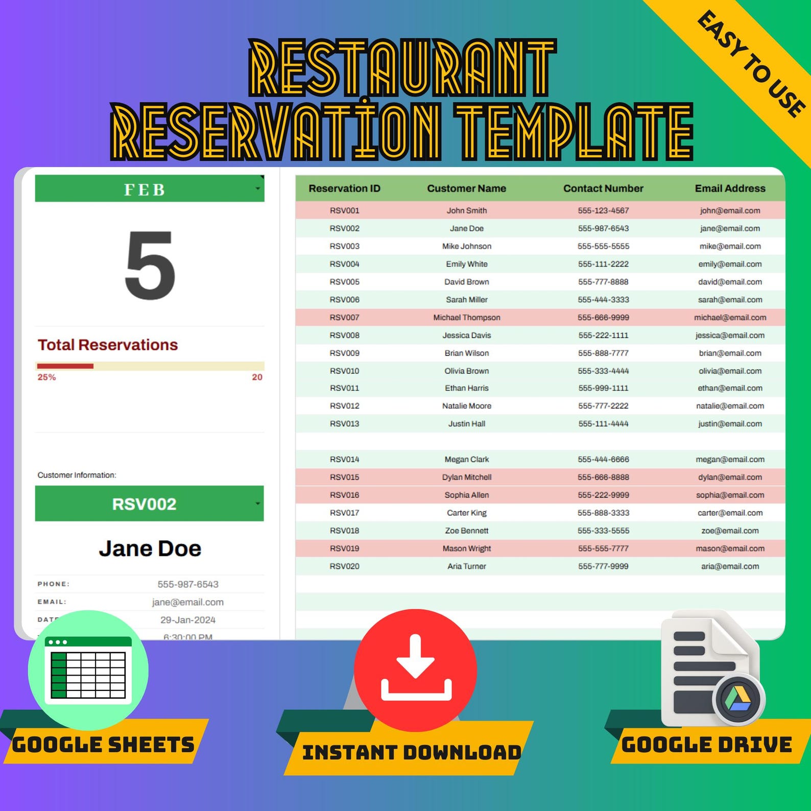 Restaurant Reservation Template,google Sheets Booking Tracker,digital ...