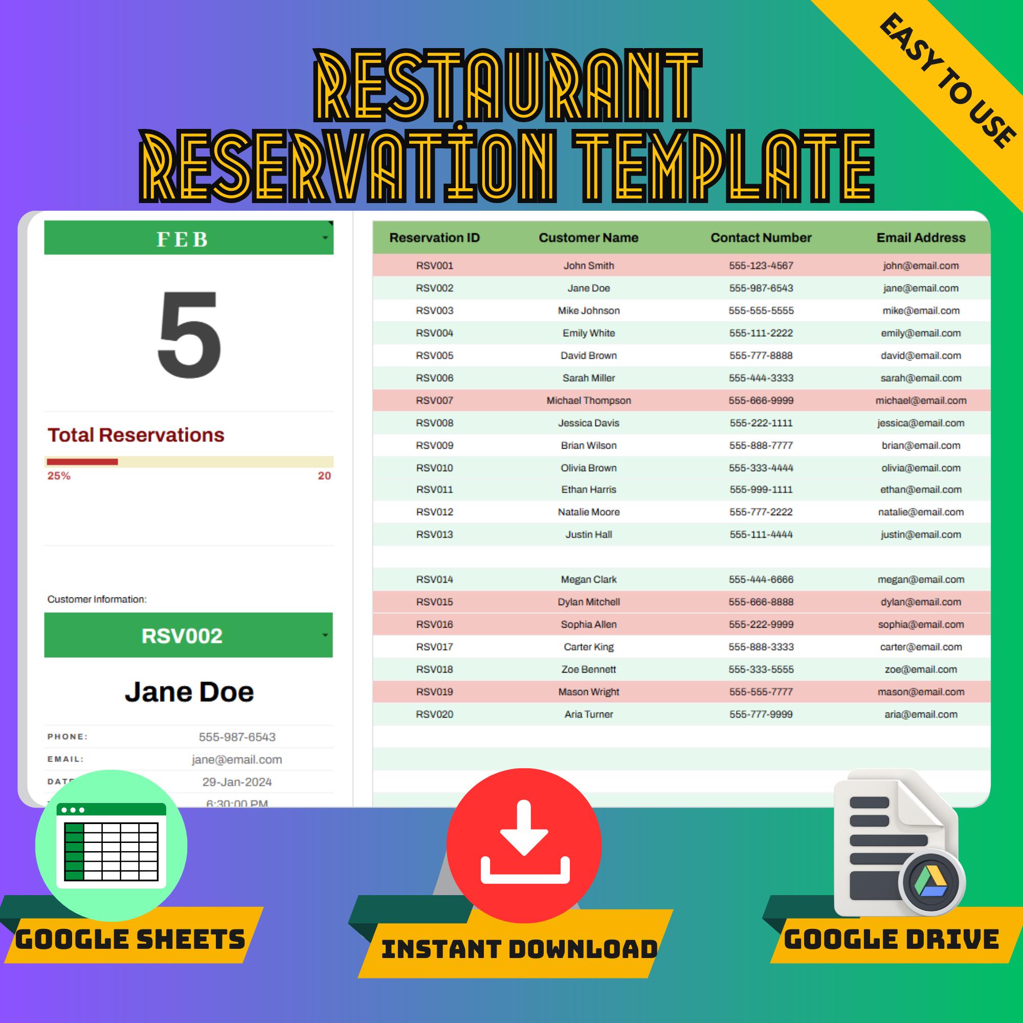 Restaurant Reservation Template,google Sheets Booking Tracker,digital ...