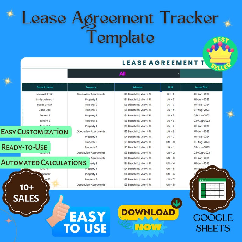 Lease Agreement Tracker Template, Editable Google Sheets, Rental ...