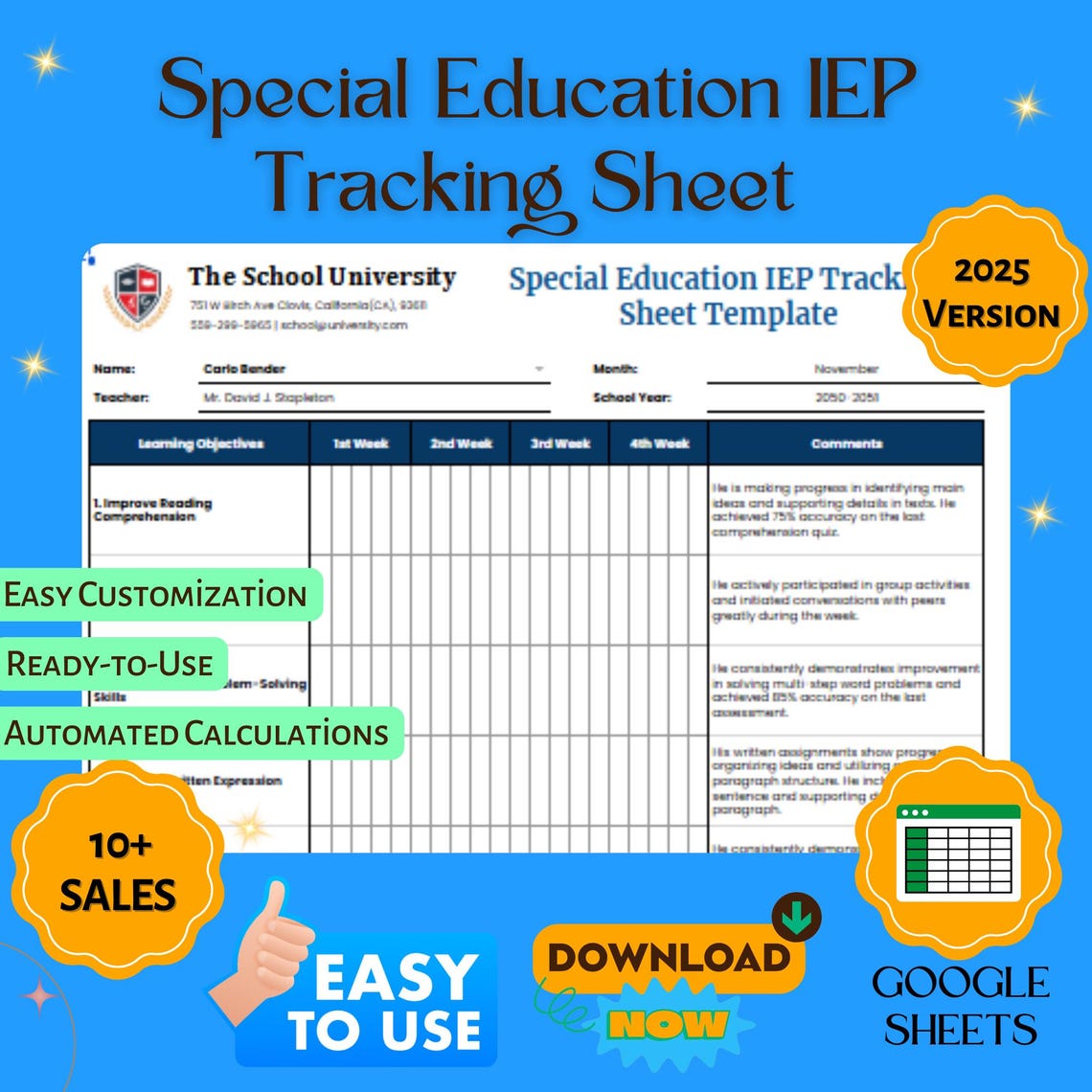 Special Education IEP Tracking Sheet Template, Individualized Education ...