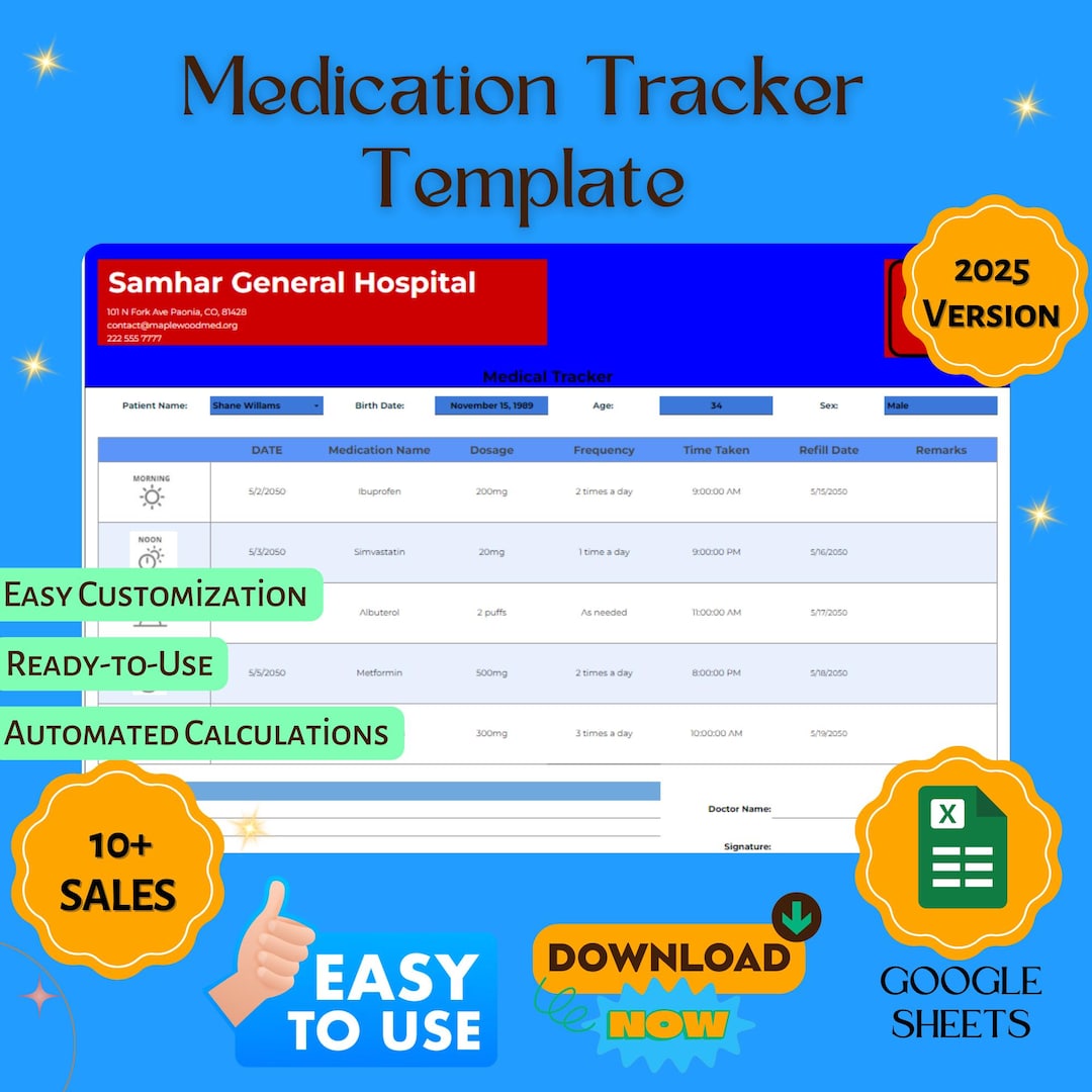 Medication Tracker Template, Google Sheets Medicine Log, Editable Pill ...