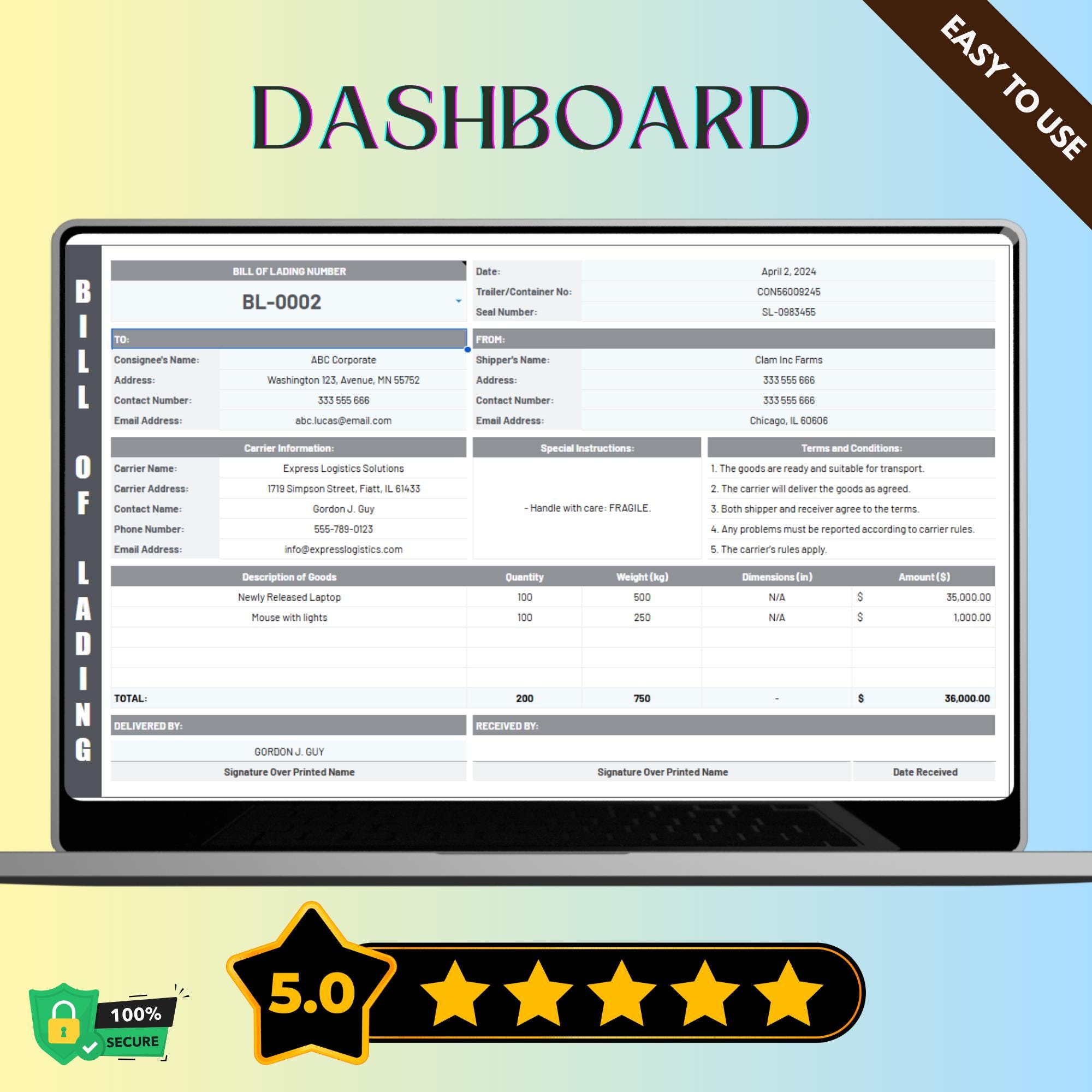 Bill of Lading Template Google Sheets Shipping Document Freight Bill ...