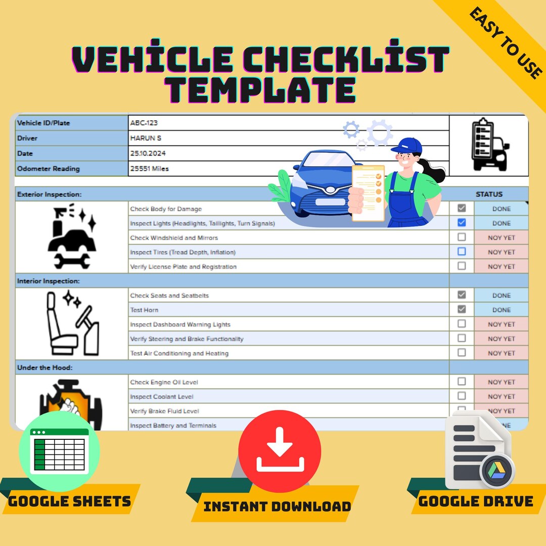 Vehicle Checklist Template for Car Maintenance Tracker, Google Sheets ...
