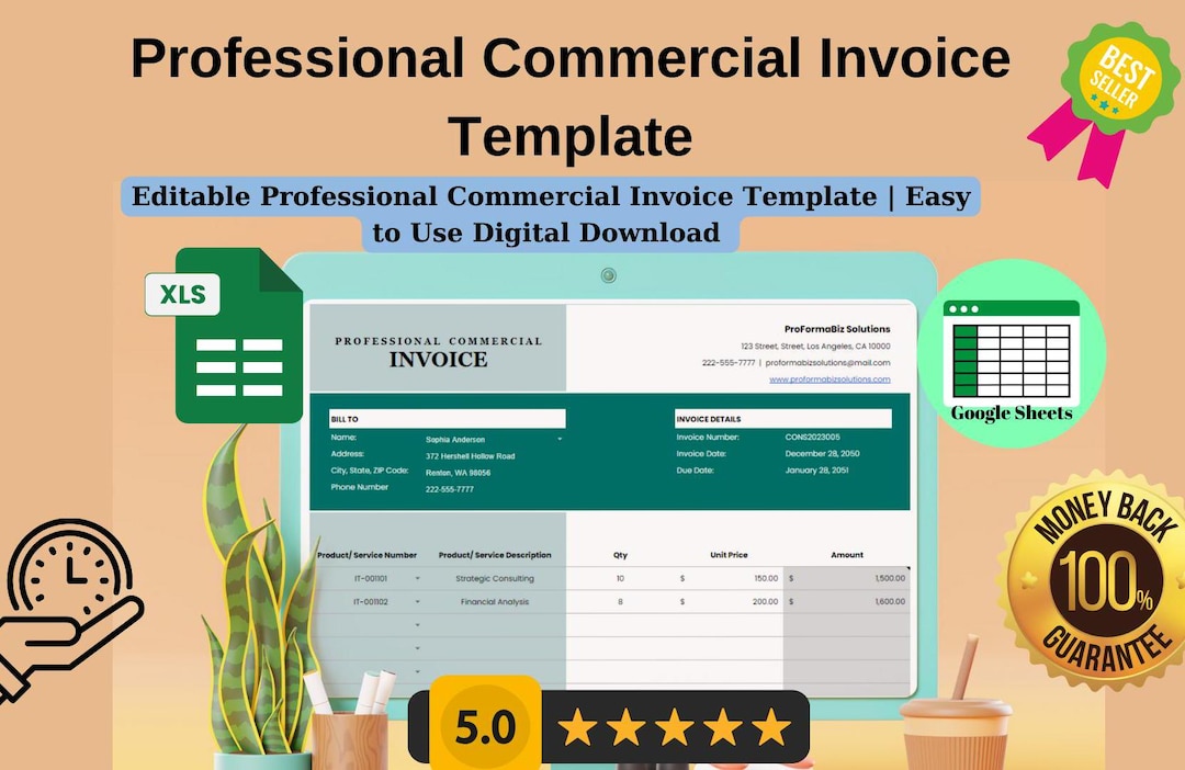 Editable Professional Commercial Invoice Template | Easy to Use Digital ...