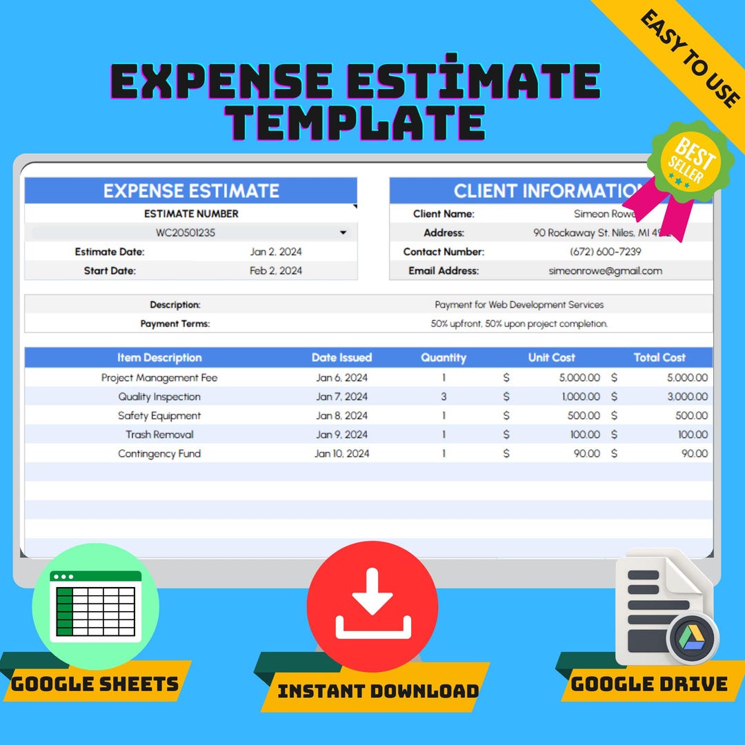 Expense Estimate Template, Google Sheets Budget Planner, Digital ...