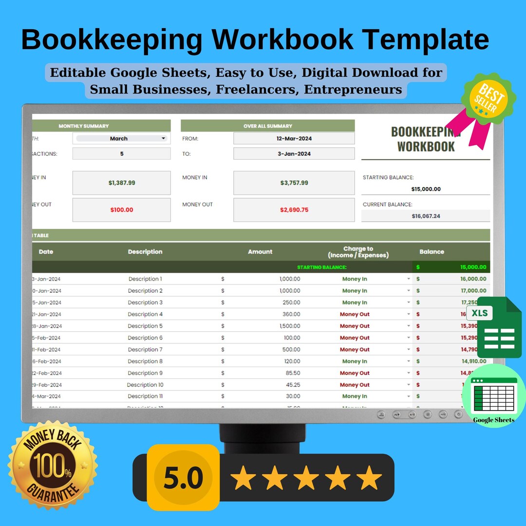 Bookkeeping Workbook Template, Editable Google Sheets, Easy to Use ...