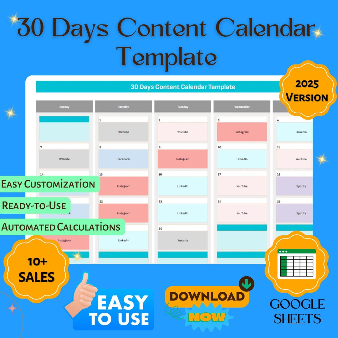 30 Days Content Calendar Template, Monthly Social Media Planner, Google ...