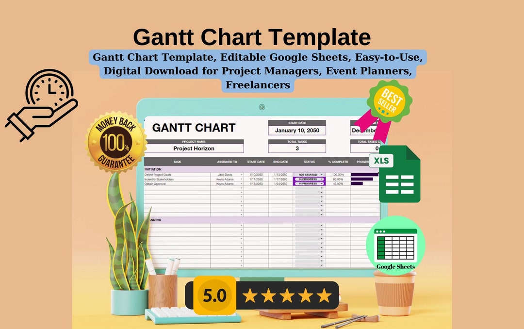 Gantt Chart Template, Editable Google Sheets, Easy-to-use, Digital ...