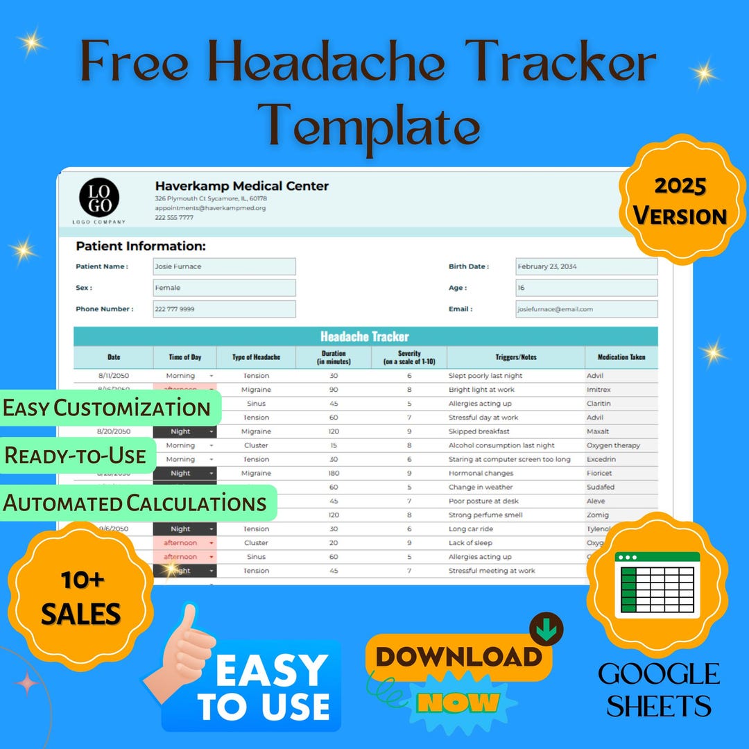 Free Headache Tracker Template, Editable Google Sheets Digital Download ...