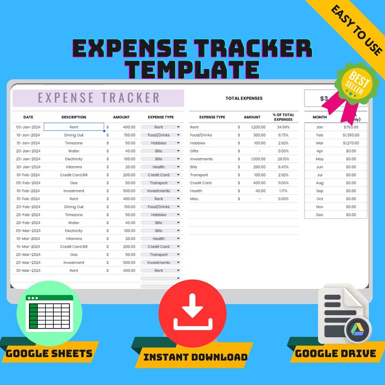 Expense Tracker Template, Google Sheets Budget Planner, Digital Download, Easy-to-use Financial ...