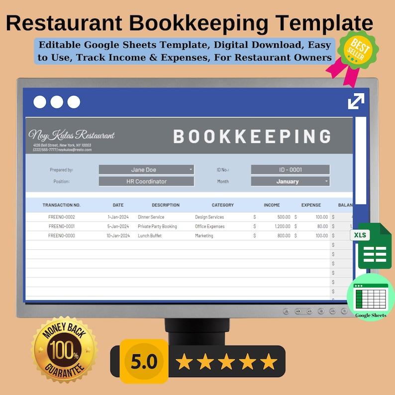 Restaurant Bookkeeping Template, Editable Google Sheets Template ...