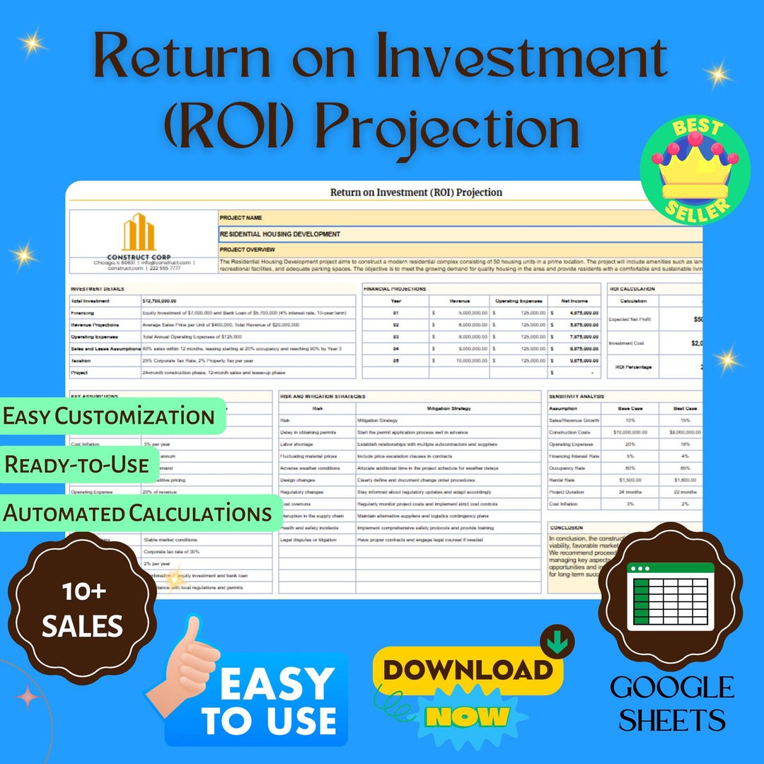 Return on Investment ROI Projection Template, Editable Google Sheets ...
