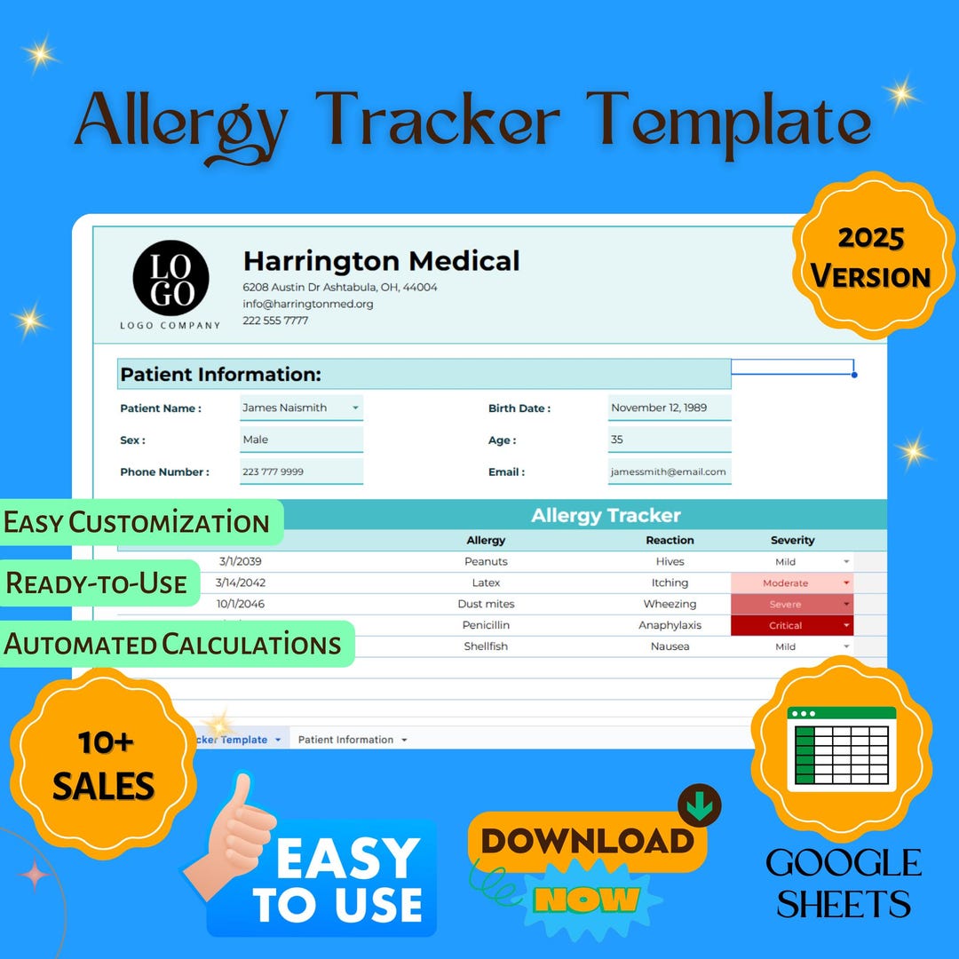 Allergy Tracker Template Google Sheets, Symptom Log & Management Tool ...
