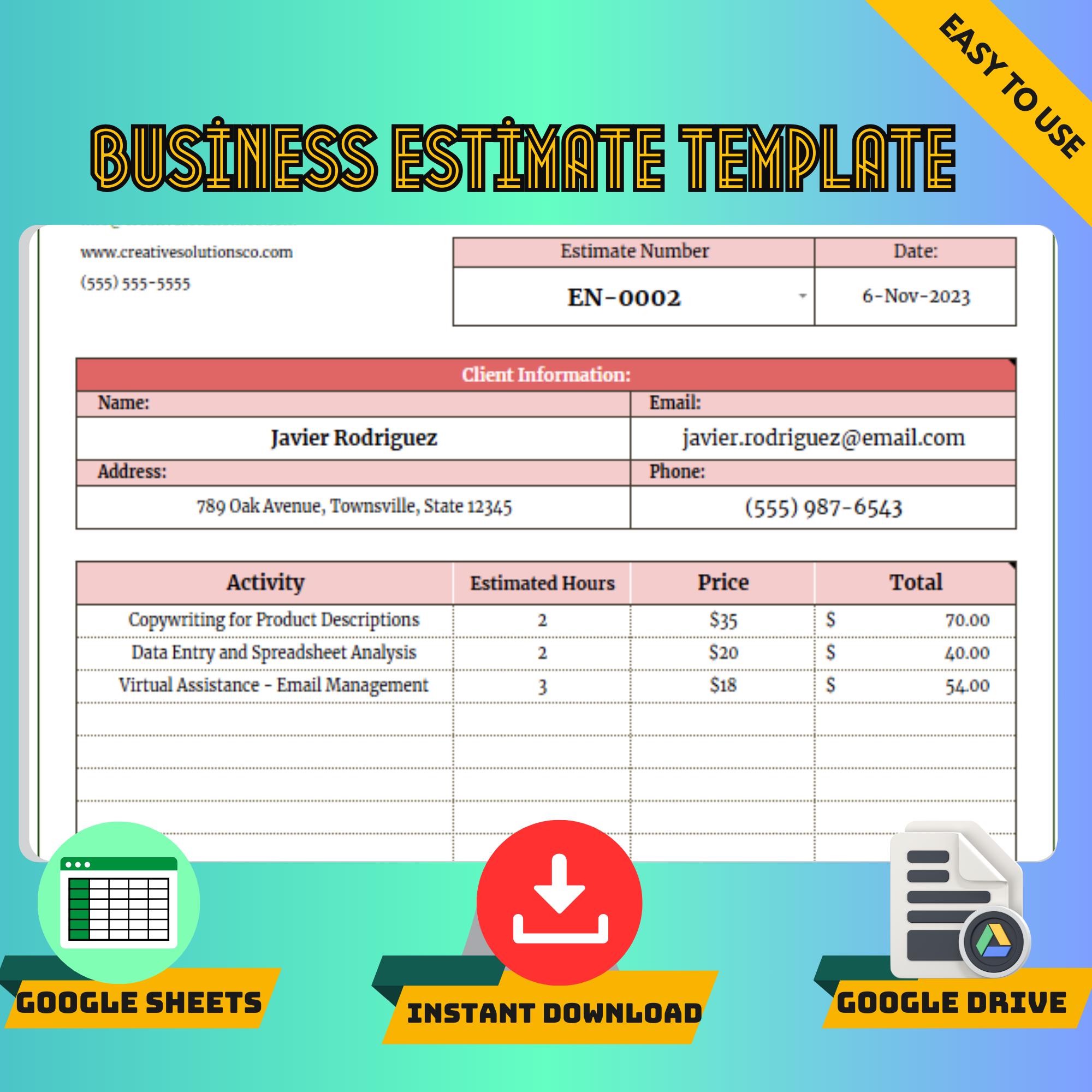 Business Estimate Template Google Sheets | Editable Cost Quote Form for ...