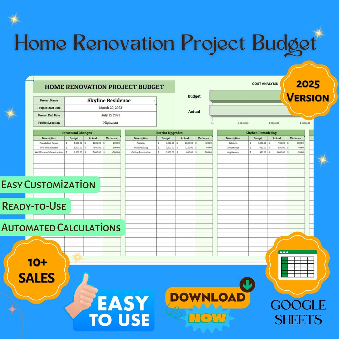 Home Renovation Project Budget Template, Remodeling Cost Planner, Home ...