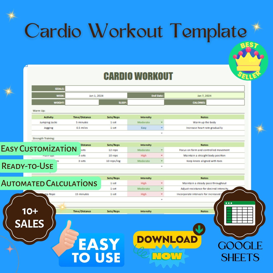 Cardio Workout Template, Editable Google Sheets, Digital Download for ...