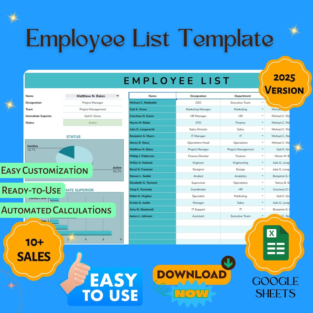 Employee List Template, Google Sheets Staff Directory, Editable Excel ...