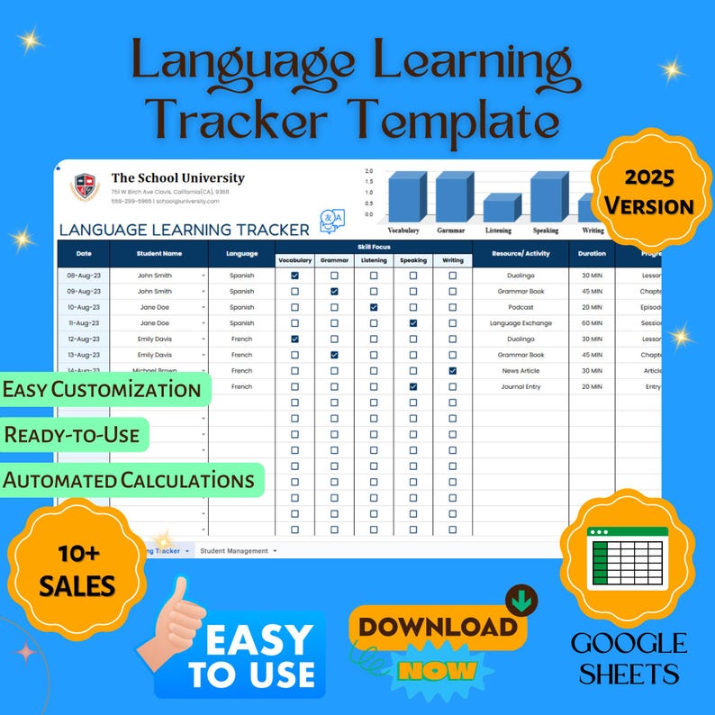 Language Learning Tracker Template, Editable Google Sheets Digital ...