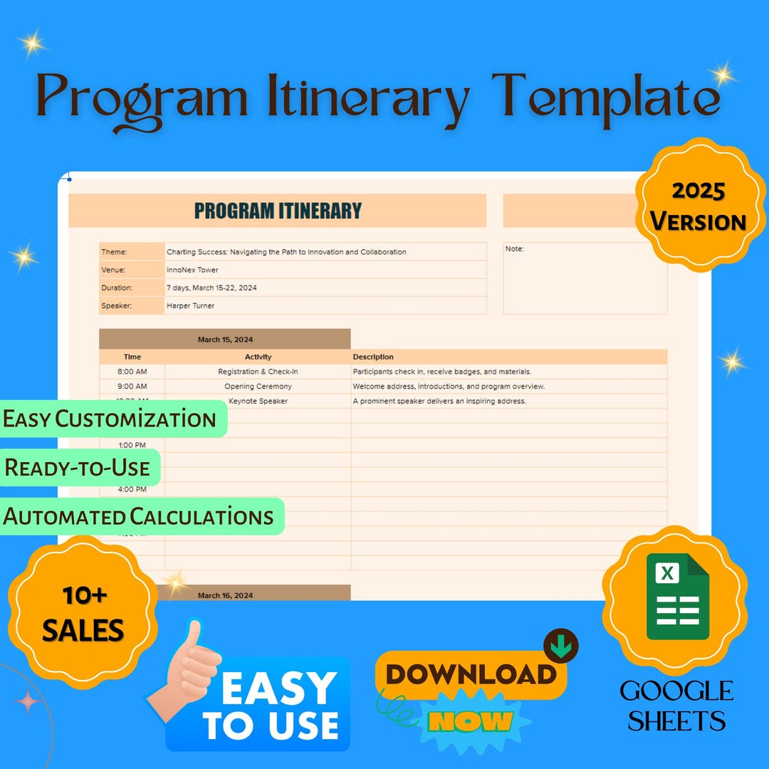 Program Itinerary Template, Editable Google Sheets Template, Digital ...