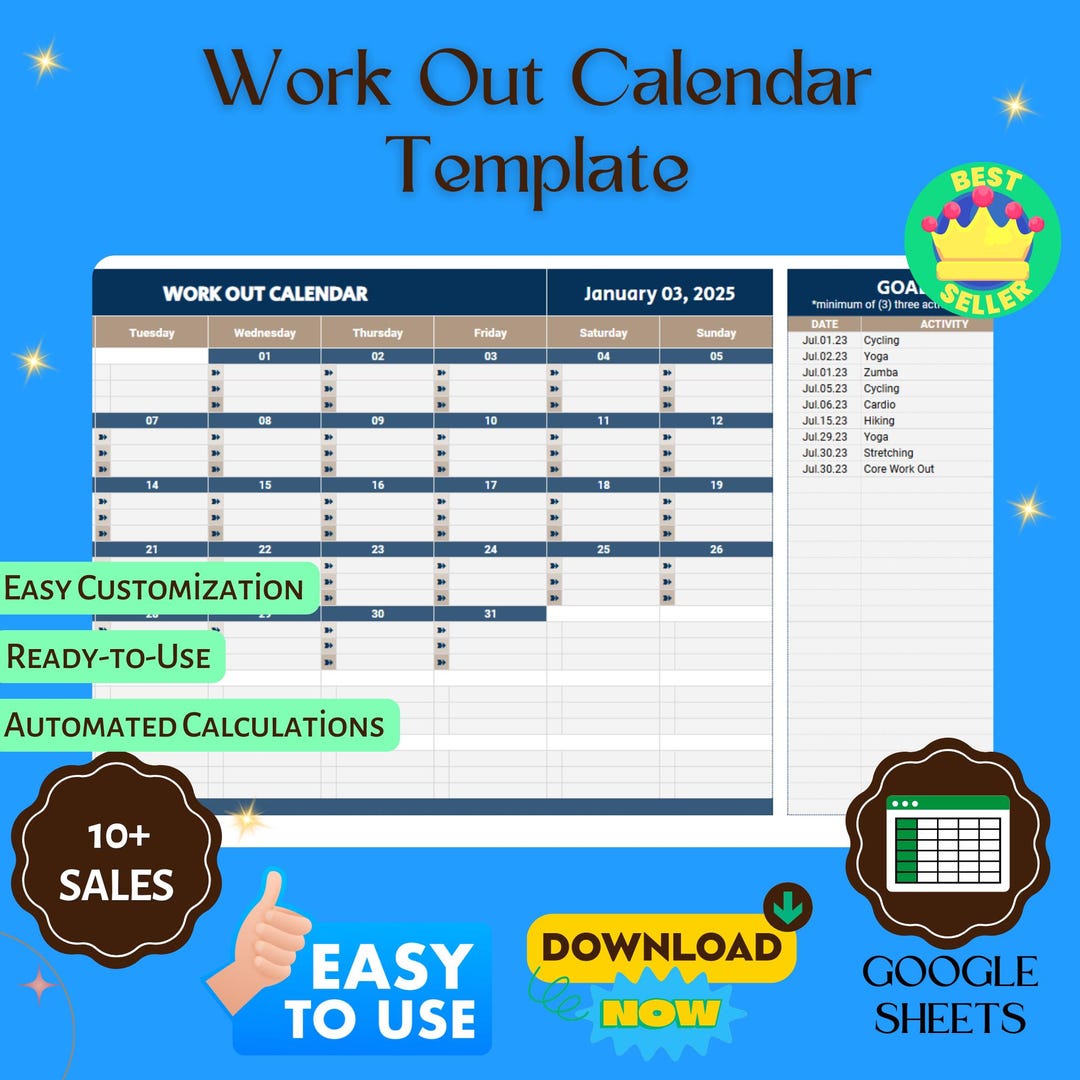 Workout Calendar Template, Editable Google Sheets, Fitness Planner for ...