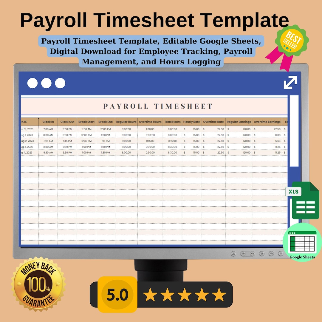 Payroll Timesheet Template, Editable Google Sheets, Digital Download ...