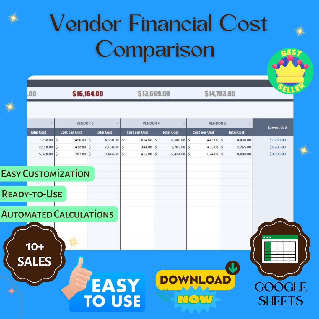 Vendor Financial Cost Comparison Template, Editable Vendor Cost ...