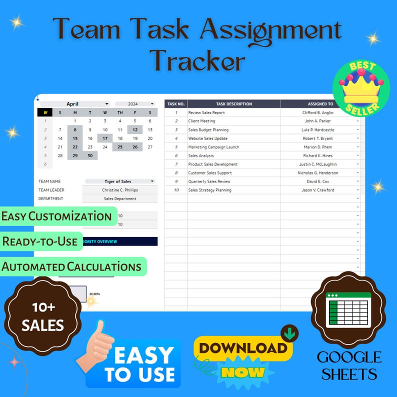 Team Task Assignment Tracker Template, Editable Google Sheets, Project ...