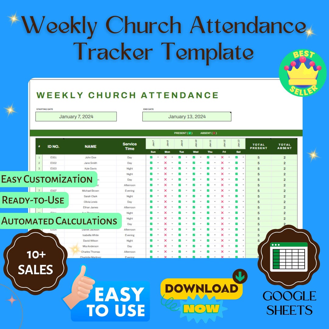 Weekly Church Attendance Tracker Template, Editable Google Sheets ...