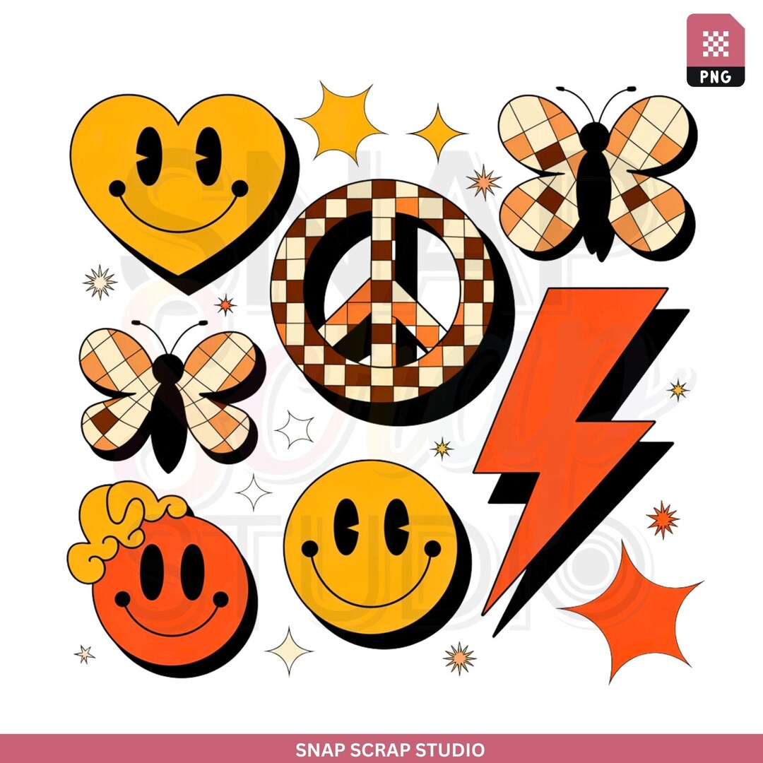 Retro Smileys and Peace Sign PNG Vintage Groovy Butterfly & Lightning ...