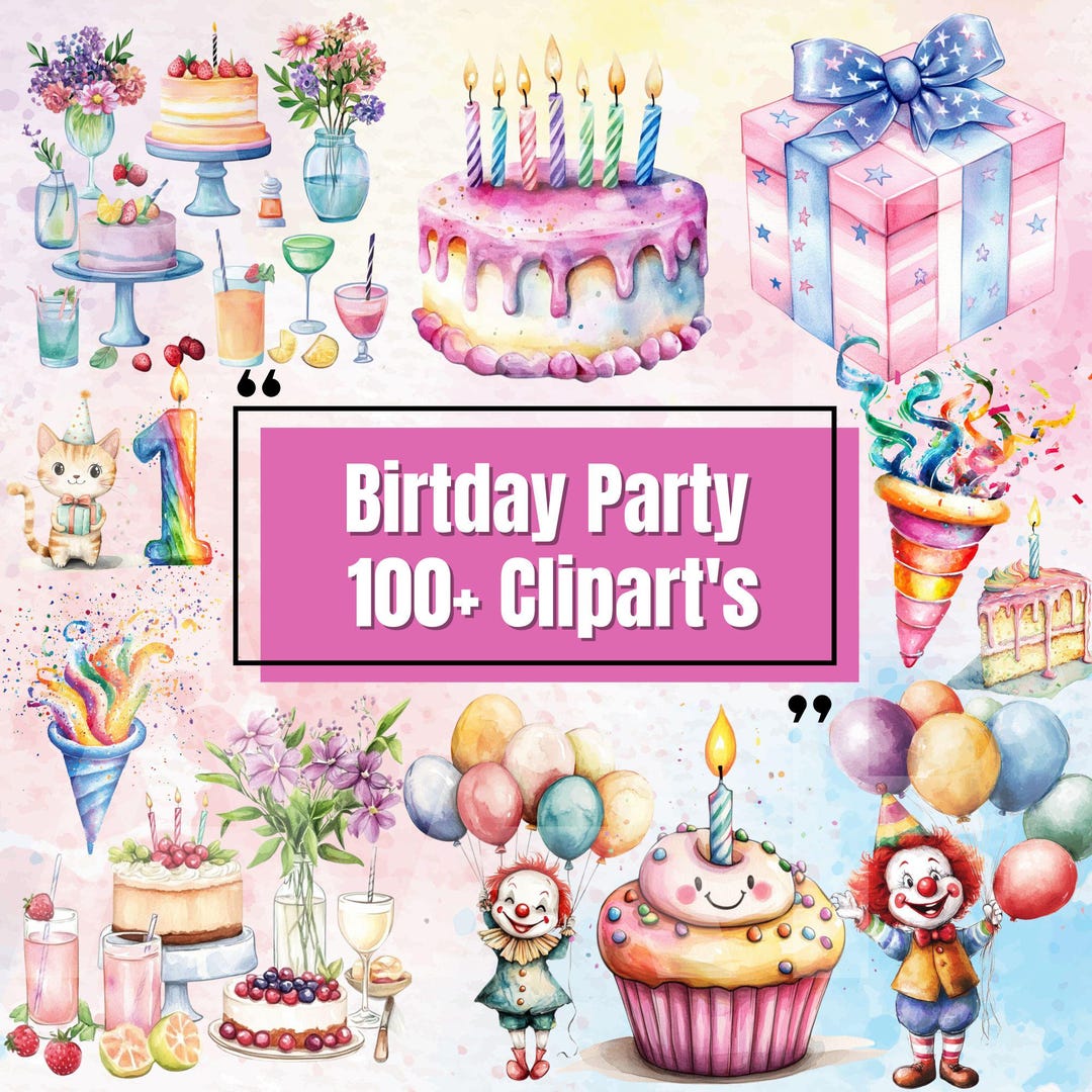 100 Watercolor Happy Birthday Clipart Set, Birthday Party PNG Bundle ...