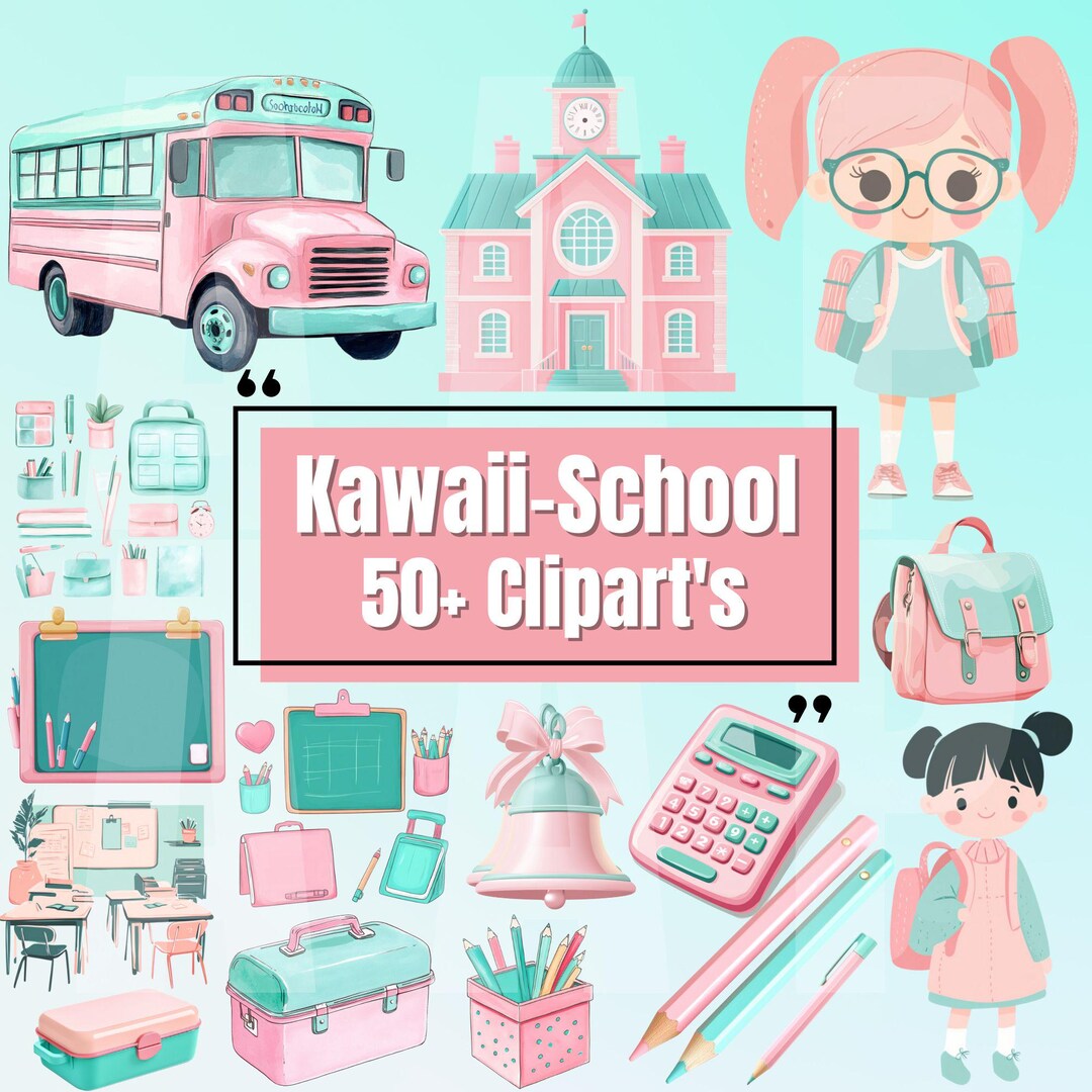 50 Kawaii School Clipart Bundle Cute School Supplies Clipart Back to ...
