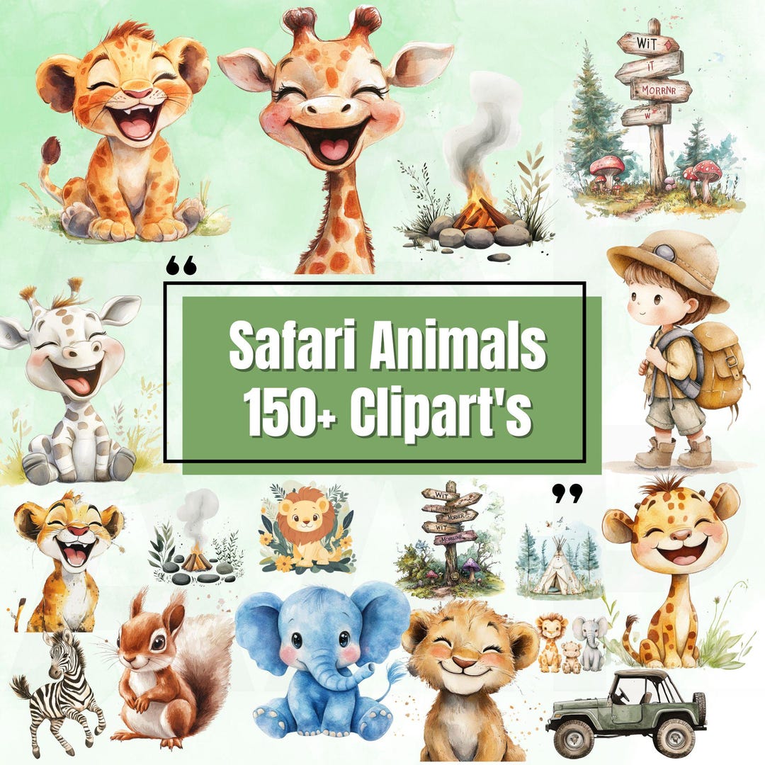 Safari Watercolor Clipart Bundle Elephant, Hippo, Lion, Tiger, Giraffe ...