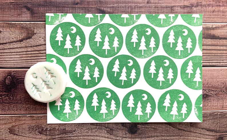 Forest Rubber Stamp Fir Tree & Crescent Moon Stamp Hand - Etsy