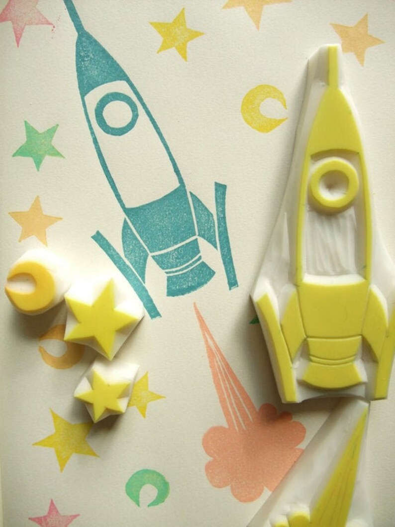 Rocket Rubber Stamp Spaceship Moon & Star Stamps Hand Carved - Etsy