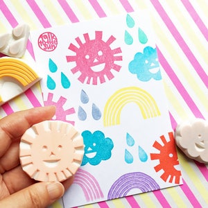Weather Rubber Stamps Smiley Sun Cloud Rainbow & Rain Drop - Etsy