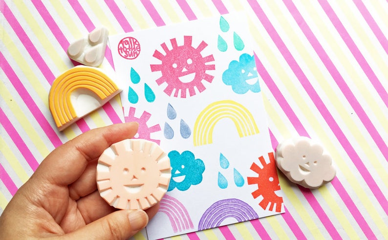 Weather Rubber Stamps Smiley Sun Cloud Rainbow & Rain Drop - Etsy
