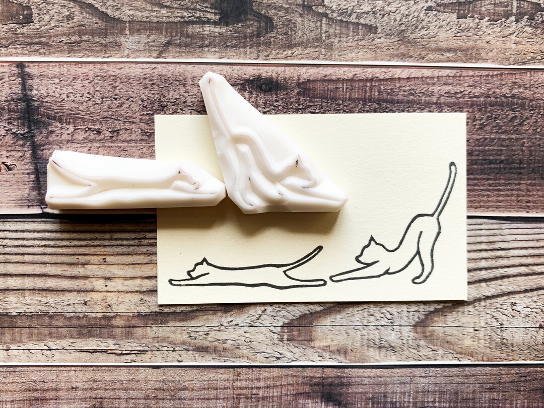Cat Rubber Stamp Set, Stretching Cat Stamps, Hand Carved Stamps , Cat ...
