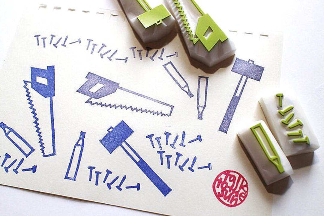 Carpenter Tool Rubber Stamp Set: Hand Carved Stamps, Handyman-inspired ...