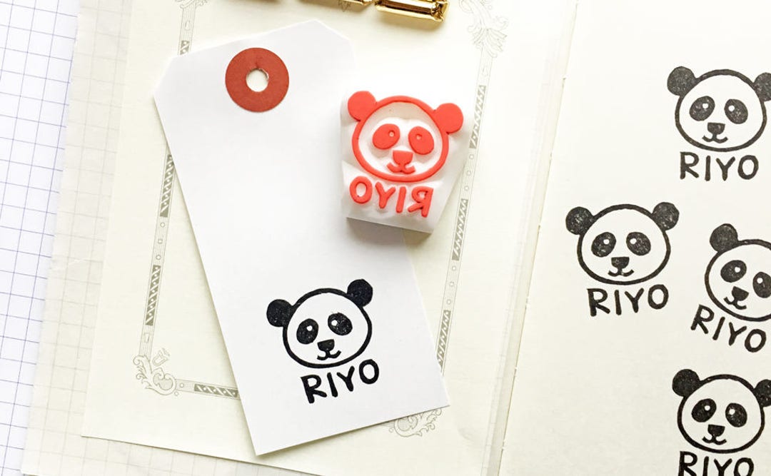 Custom Name Stamp, Panda Rubber Stamp, Hand Carved Stamp, Personalized ...