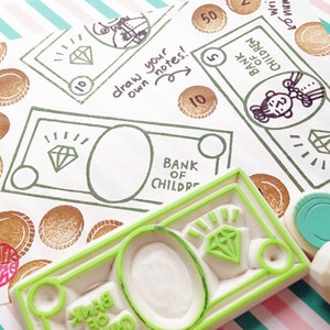 Play Money Rubber Stamp Set, Bank Note & Coin, Hand Carved Stamps by ...
