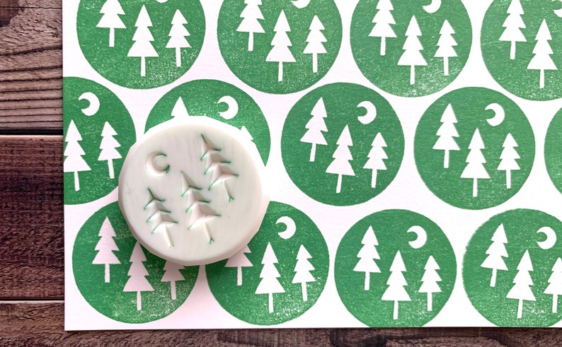 Forest Rubber Stamp Fir Tree & Crescent Moon Stamp Hand - Etsy