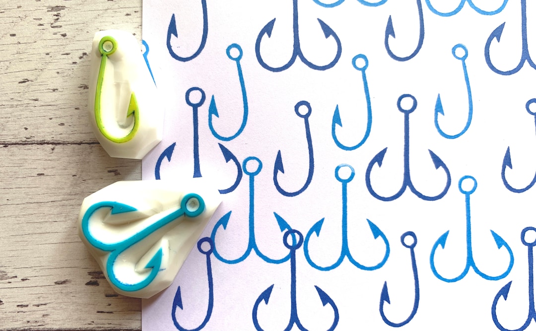 Fish Hook Rubber Stamp Set, Fishing Stamp, Hand Carved Stamp, Craft ...