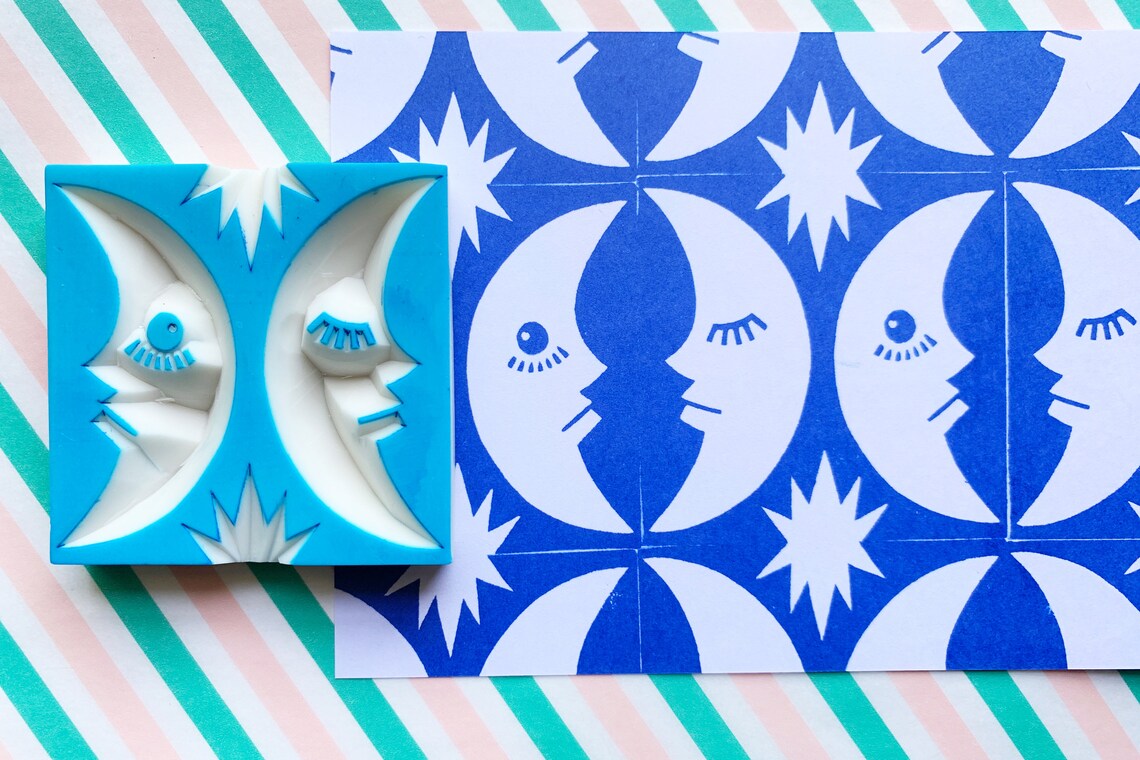 Crescent Moon Tile Rubber Stamp Twin Moon & Star Stamp Hand | Etsy