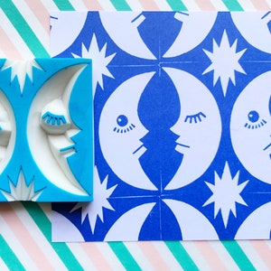 Crescent Moon Tile Rubber Stamp, Twin Moon & Star Stamp, Hand Carved ...