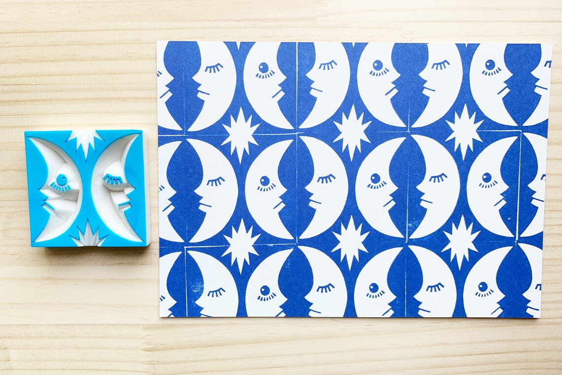 Crescent Moon Tile Rubber Stamp Twin Moon & Star Stamp Hand | Etsy