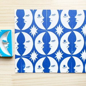 Crescent Moon Tile Rubber Stamp, Twin Moon & Star Stamp, Hand Carved ...