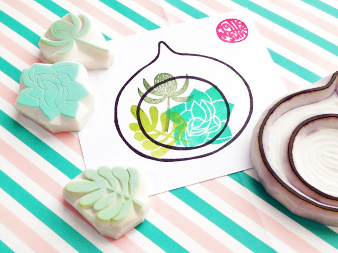 Tear Drop Terrarium Rubber Stamp Set, Succulent Stamps, Hand Carved ...