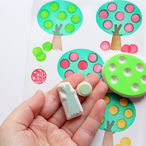 Fruit Tree Rubber Stamp Set, Tree Trunk Leaf & Circle Stamps, Hand ...